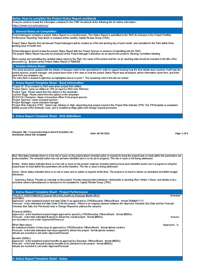 Notes: How To Complete The Project Status Report Workbook | Download ...