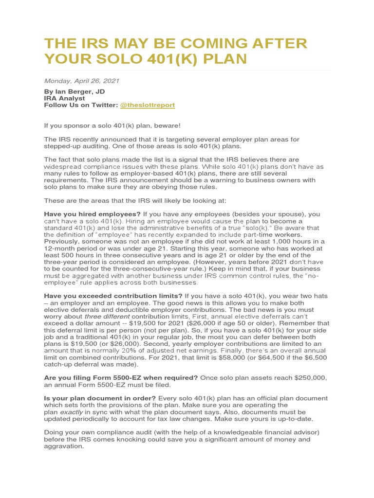 IRS Targets Solo 401(k) Compliance Issues | PDF | 401(K) | Personal Finance