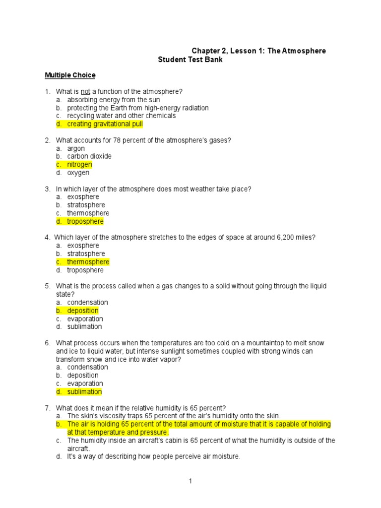 Multiple Choice: Chapter 2, Lesson 1: The Atmosphere Student Test Bank ...
