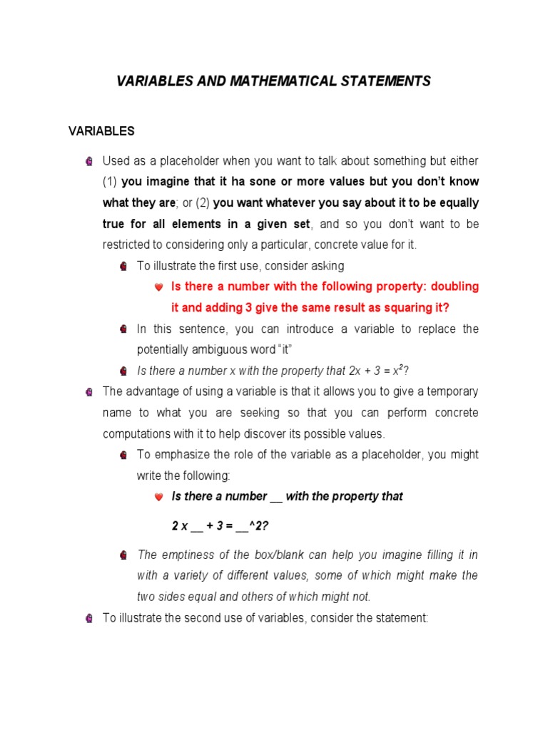 Variables and Mathematical Statements | PDF | Integer | Real Number