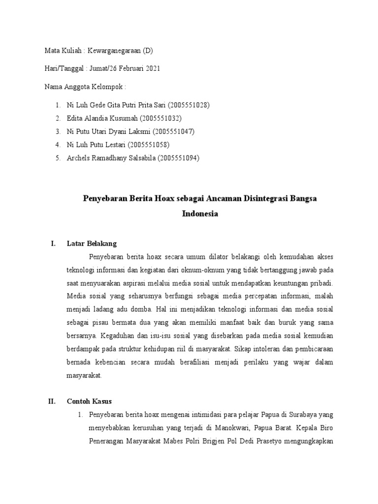 Penyebaran Berita Hoax Sebagai Ancaman Disintegrasi Bangsa Indonesia | PDF
