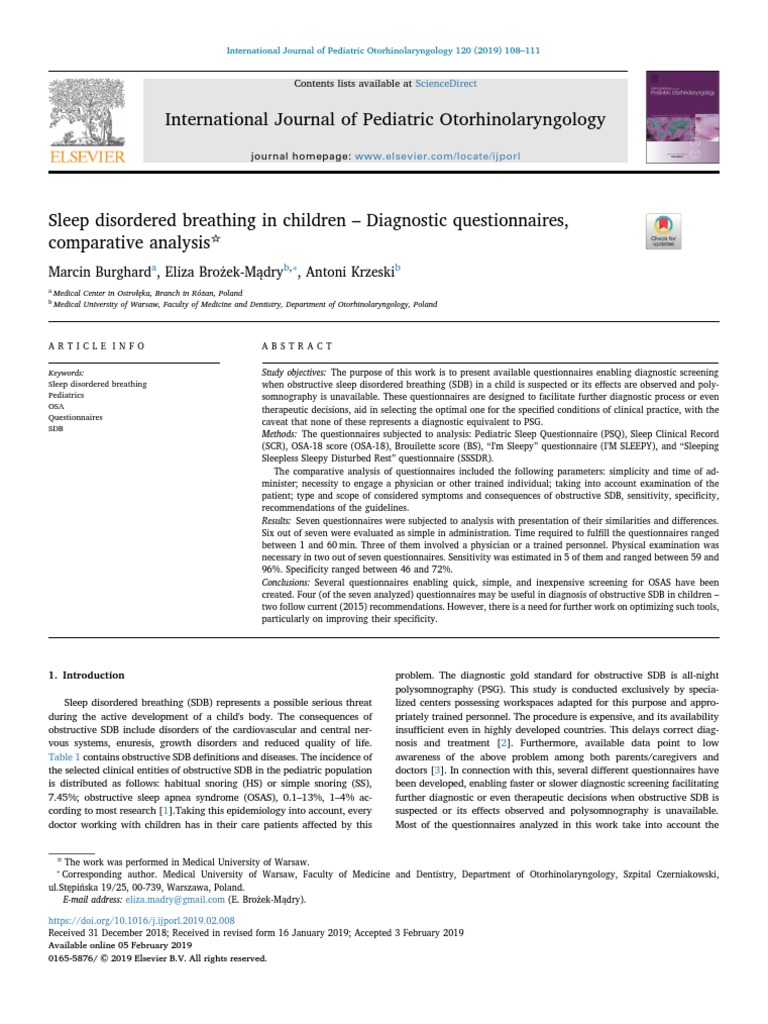 Sleep Disorderes Breathing in Children - Diagnostic Questionnaires ...