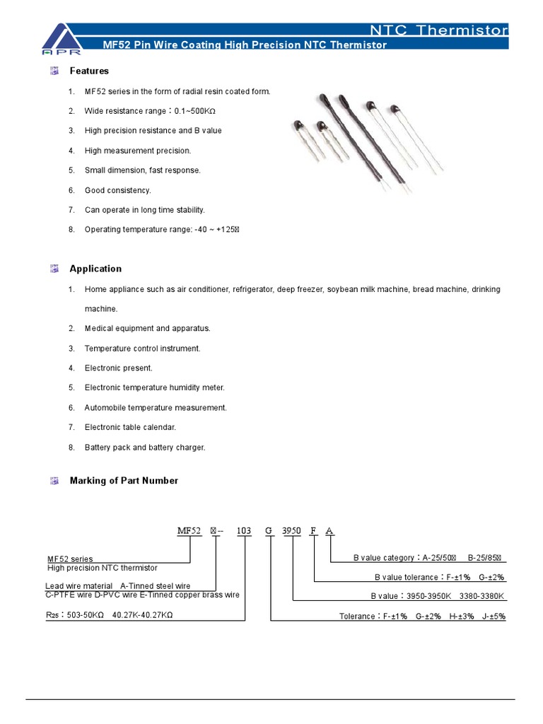 MF52 Pin Wire Coating High Precision NTC Thermistor: Features | PDF ...