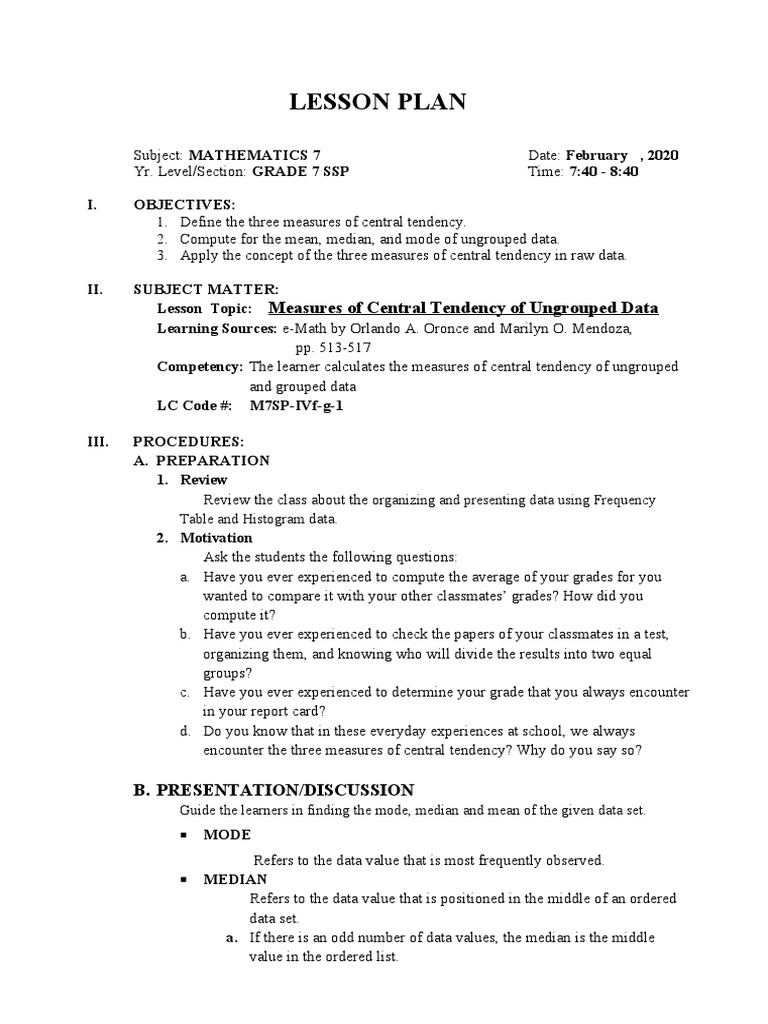 Lesson Plan 7 Cot 1 Measures of Central Tendency | PDF | Mean | Mode (Statistics)