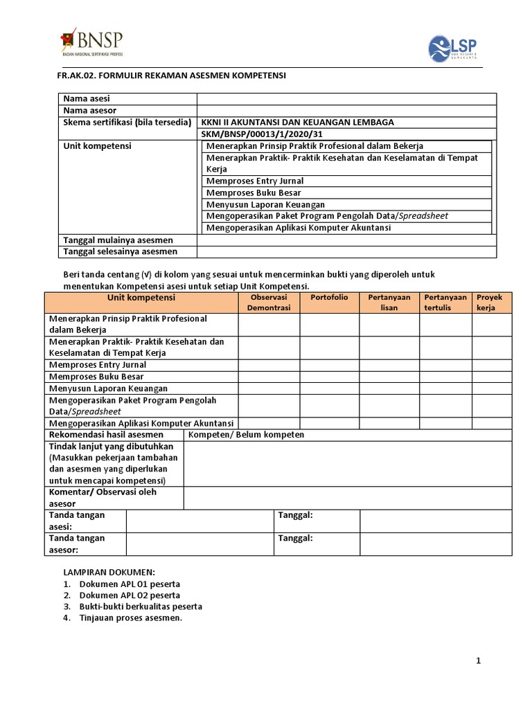 FR - AK.02. Formulir Rekaman Asesmen Kompetensi KKNI II AKL | PDF | Bisnis | Teknologi & Rekayasa