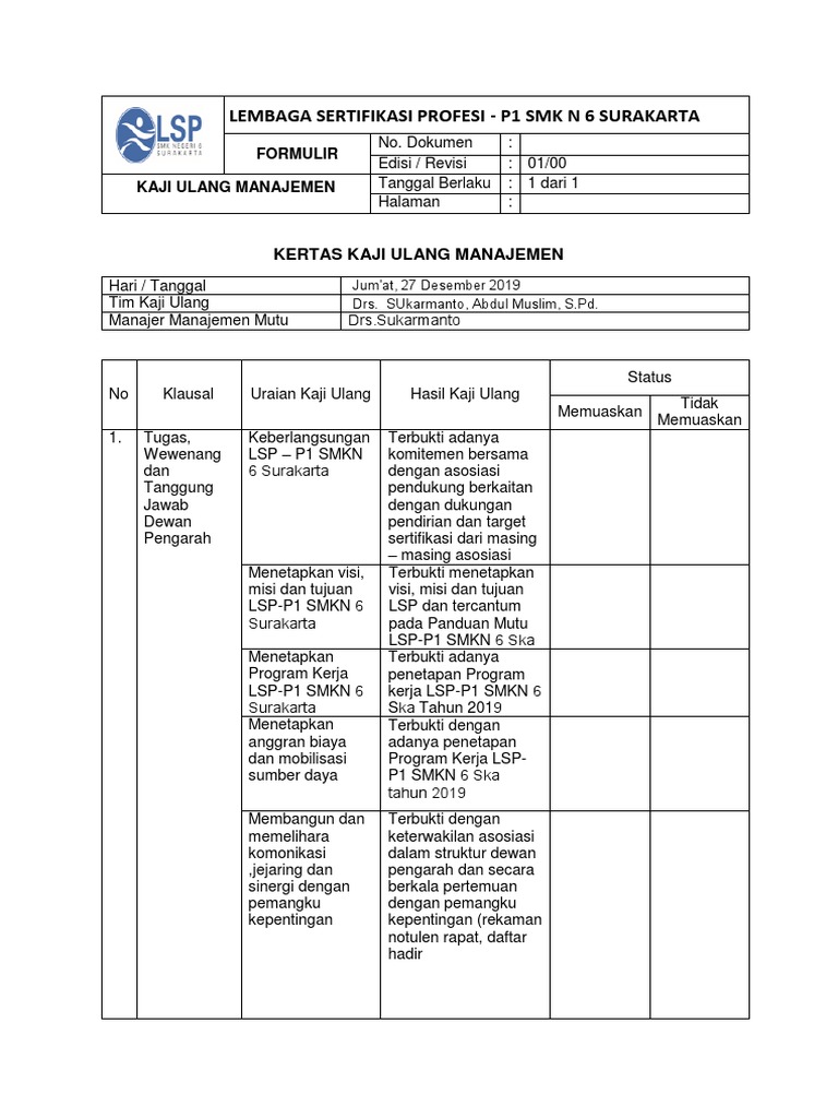001 - Lsp-kaji-Ulang-Manajemen LSP 2019 | PDF