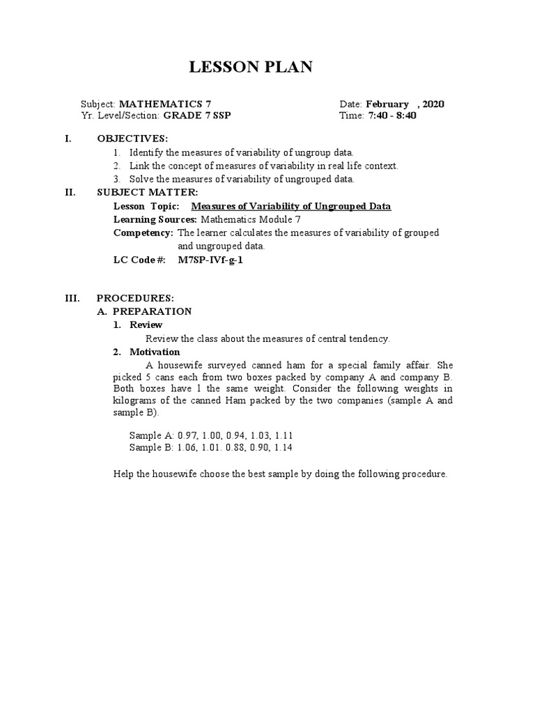 Lesson Plan 7 Cot 3 Measures of Vaiability of Ungrouped Data | PDF ...