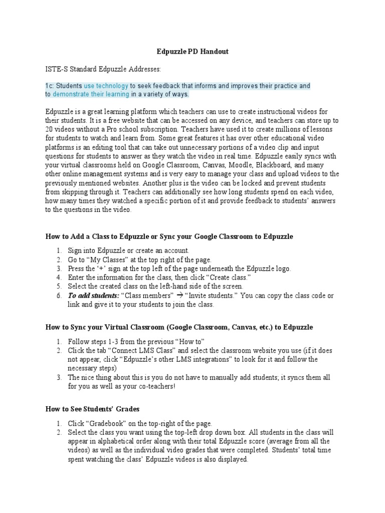 Educ 580 - Edpuzzle PD Handout | PDF | Moodle | Classroom