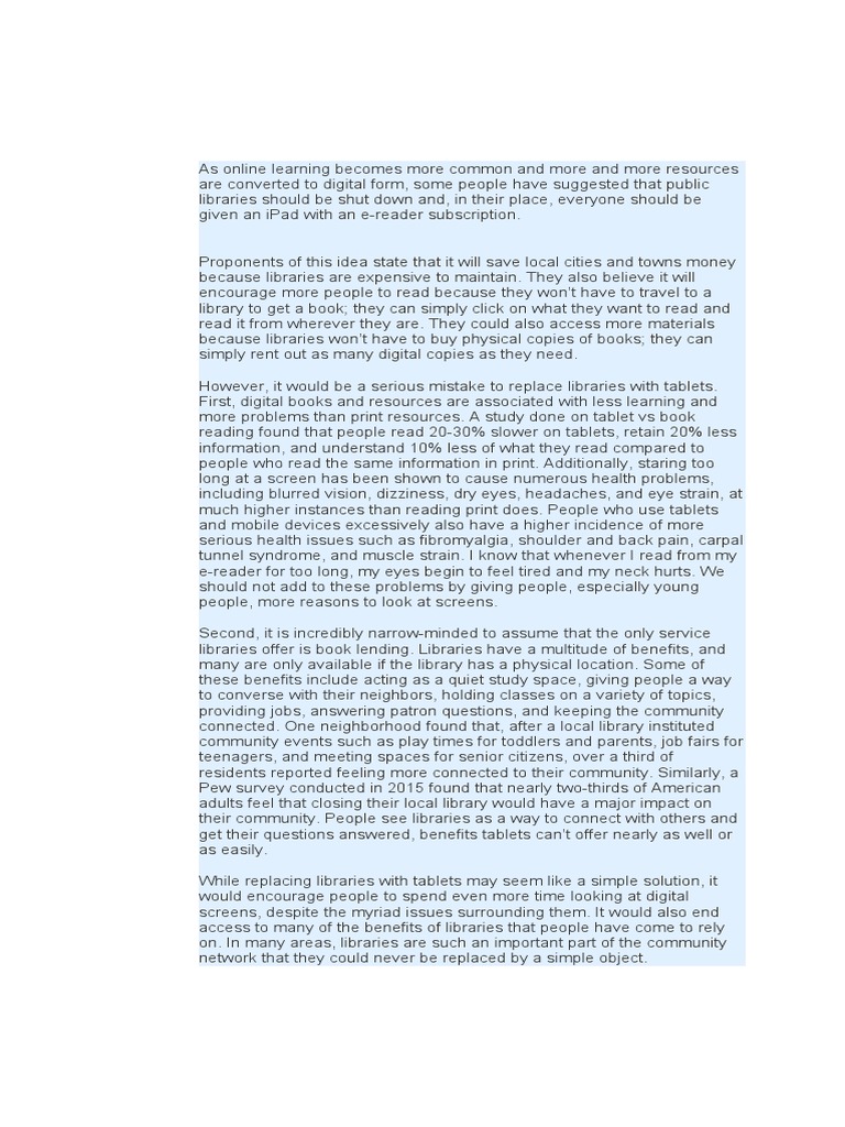 Argumentative Essay | PDF | Libraries | Books