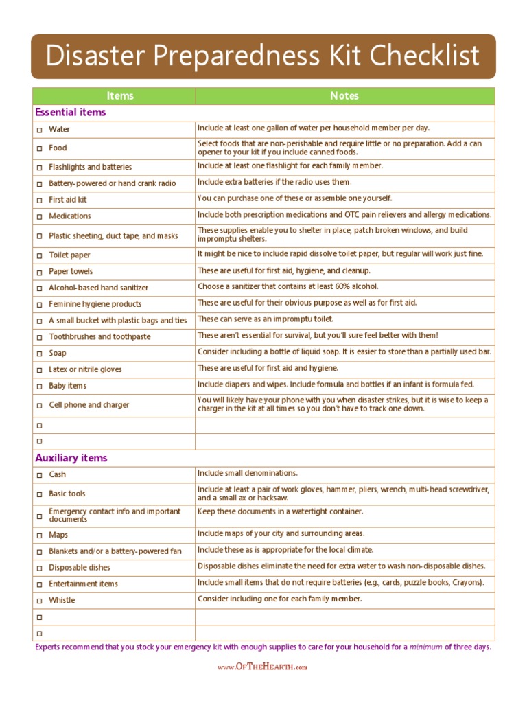 Disaster Preparedness Kit Checklist: Items Notes | PDF