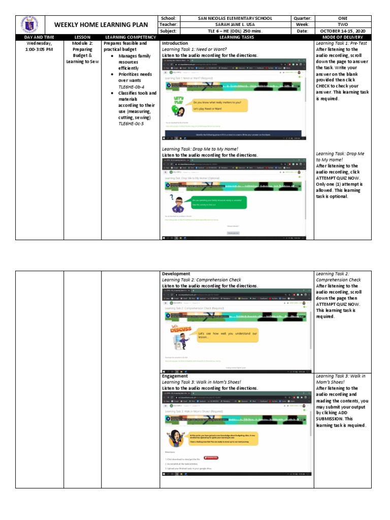 Weekly Home Learning Plan: Learning Task 1: Need or Want? Learning Task ...