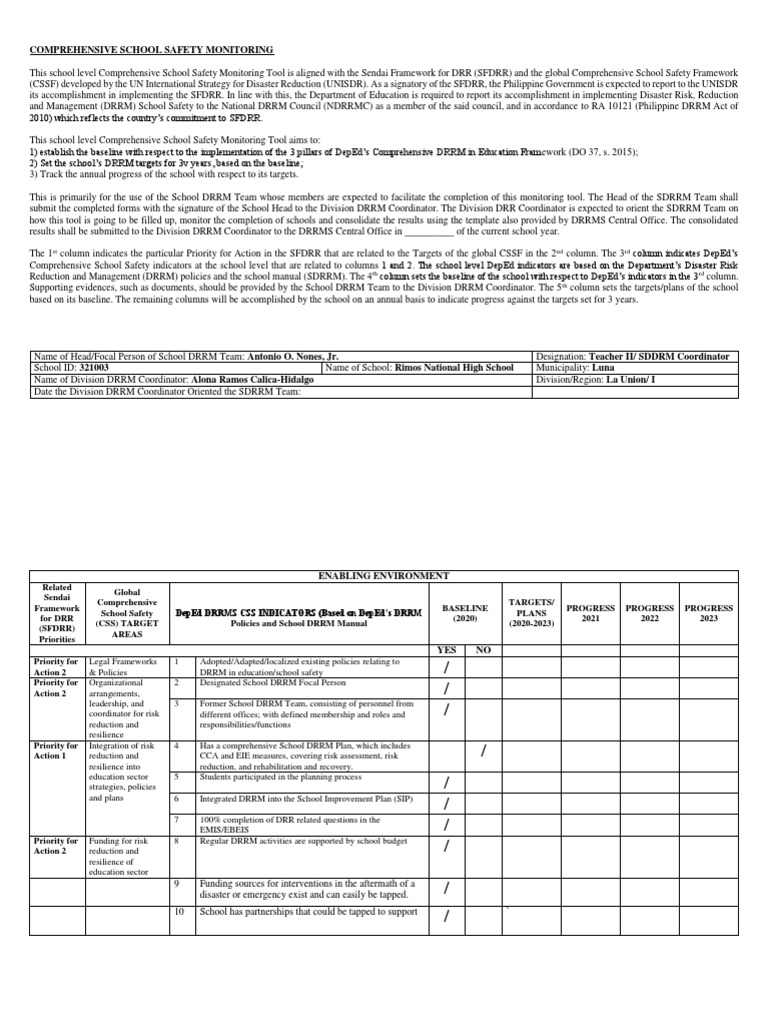 Comprehensive School Safety Monitoring Tool | PDF | Disaster Risk ...