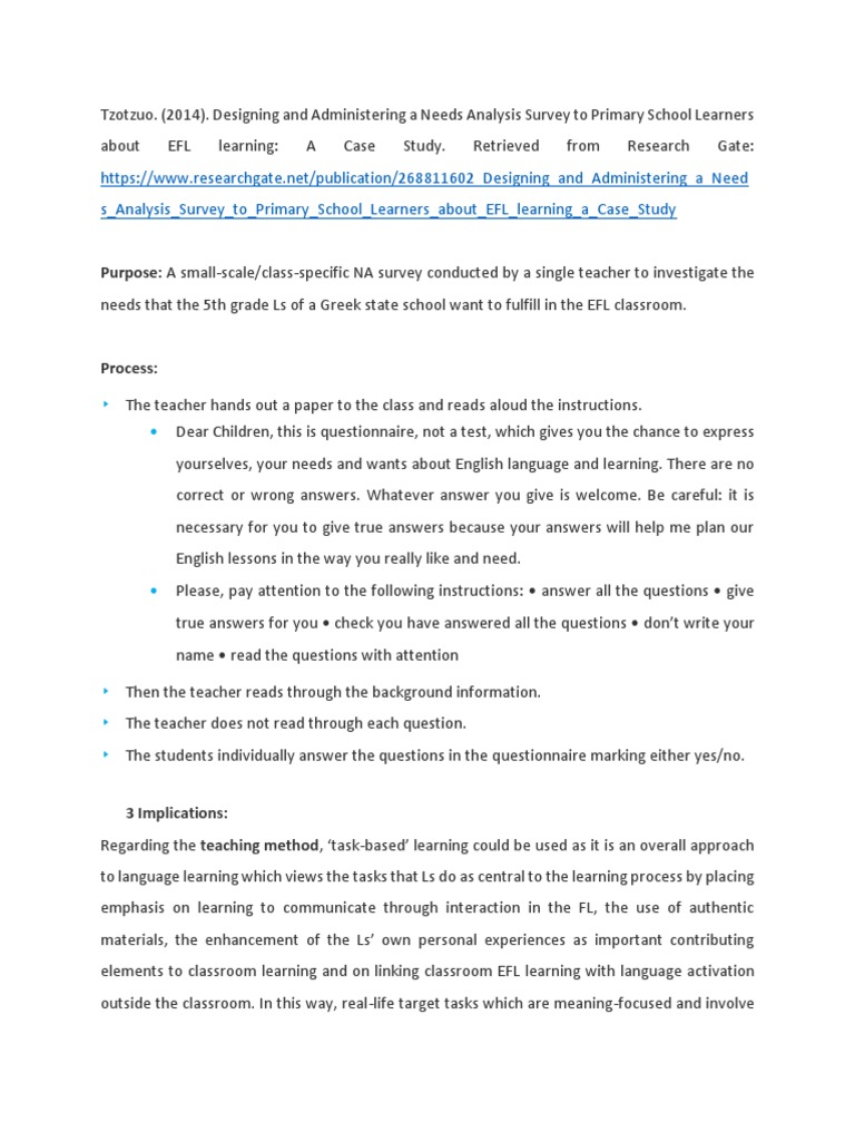 Needs Analysis Example 1 | PDF | English As A Second Or Foreign ...