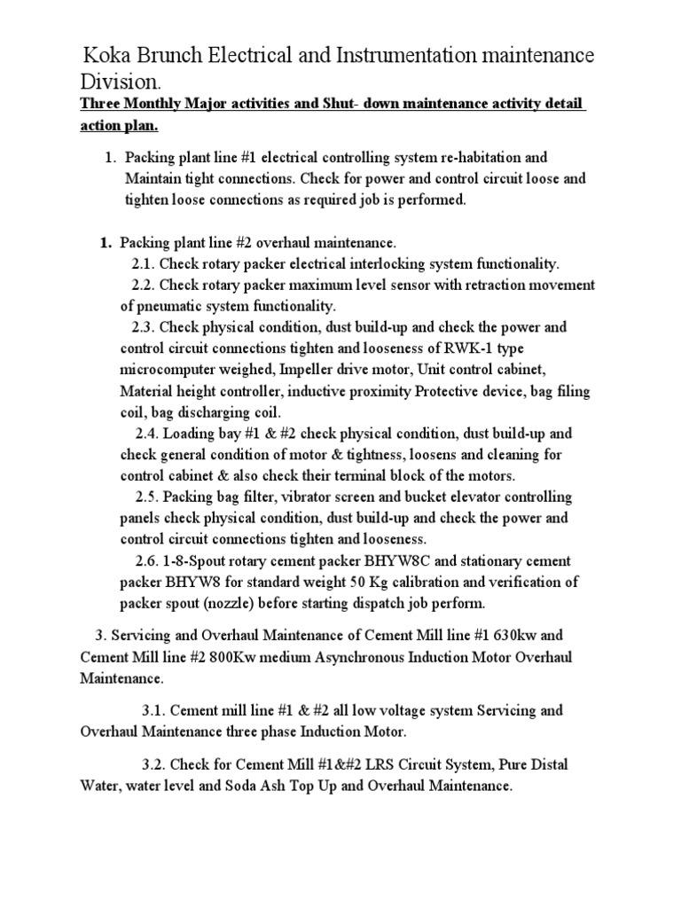 Three Monthly Major Activities and Shut - Down Maintenance Activity ...