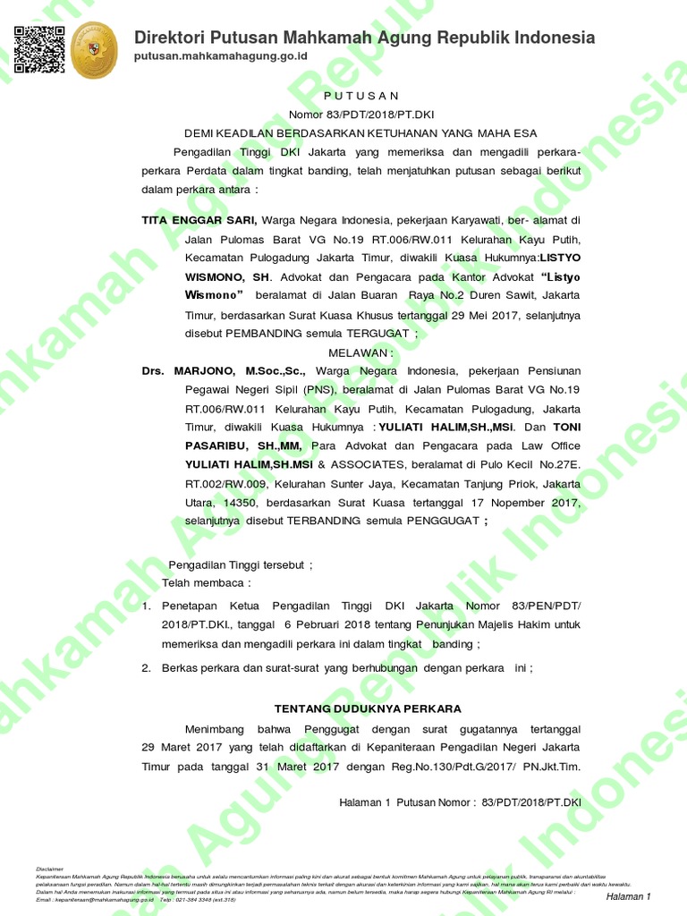 Putusan 83 PDT 2018 PT - Dki 20210428 | PDF