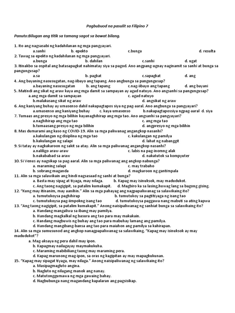 Pagbubuod Na Pasulit Sa Filipino 7 and T.L.E. 7 | PDF