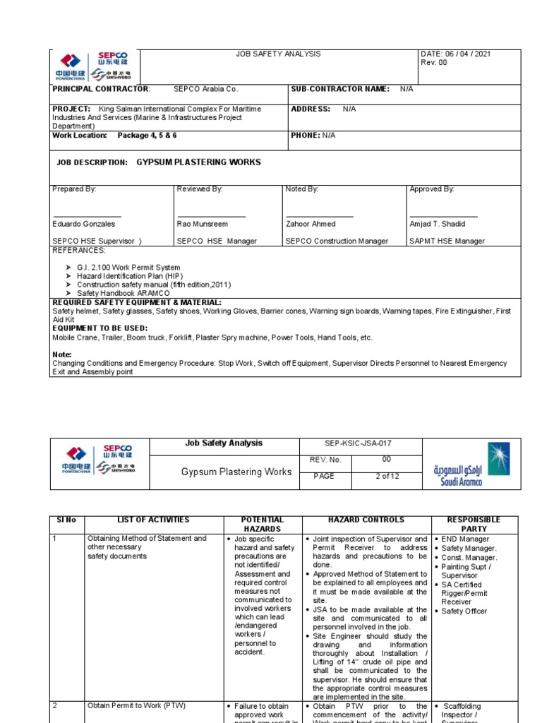 Gypsum Plastering Safety Analysis | PDF | Personal Protective Equipment ...