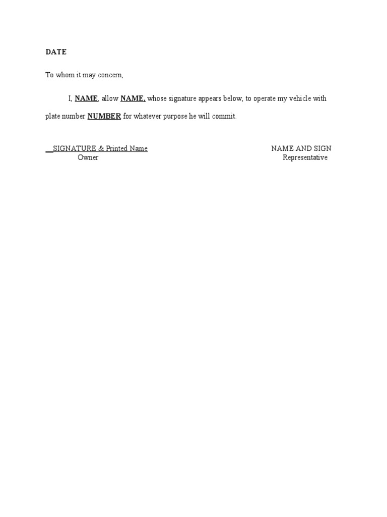 Authorization Letter To Operate Vehicle Template | PDF
