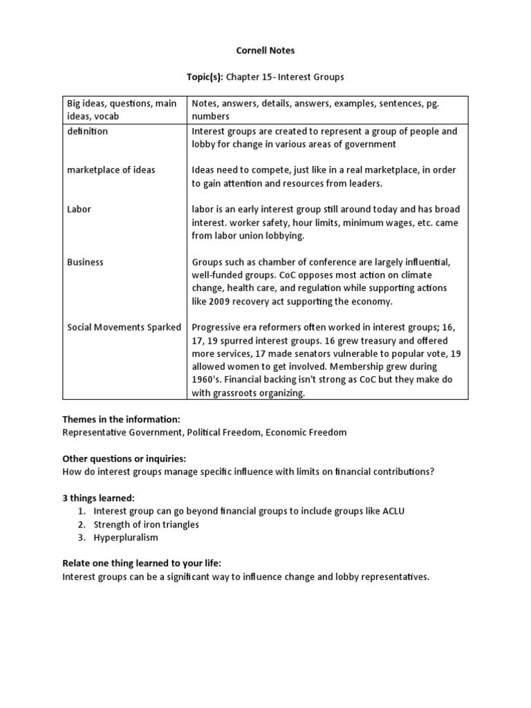Cornell Notes Topic(s) : Chapter 15-Interest Groups | PDF | Lobbying In ...