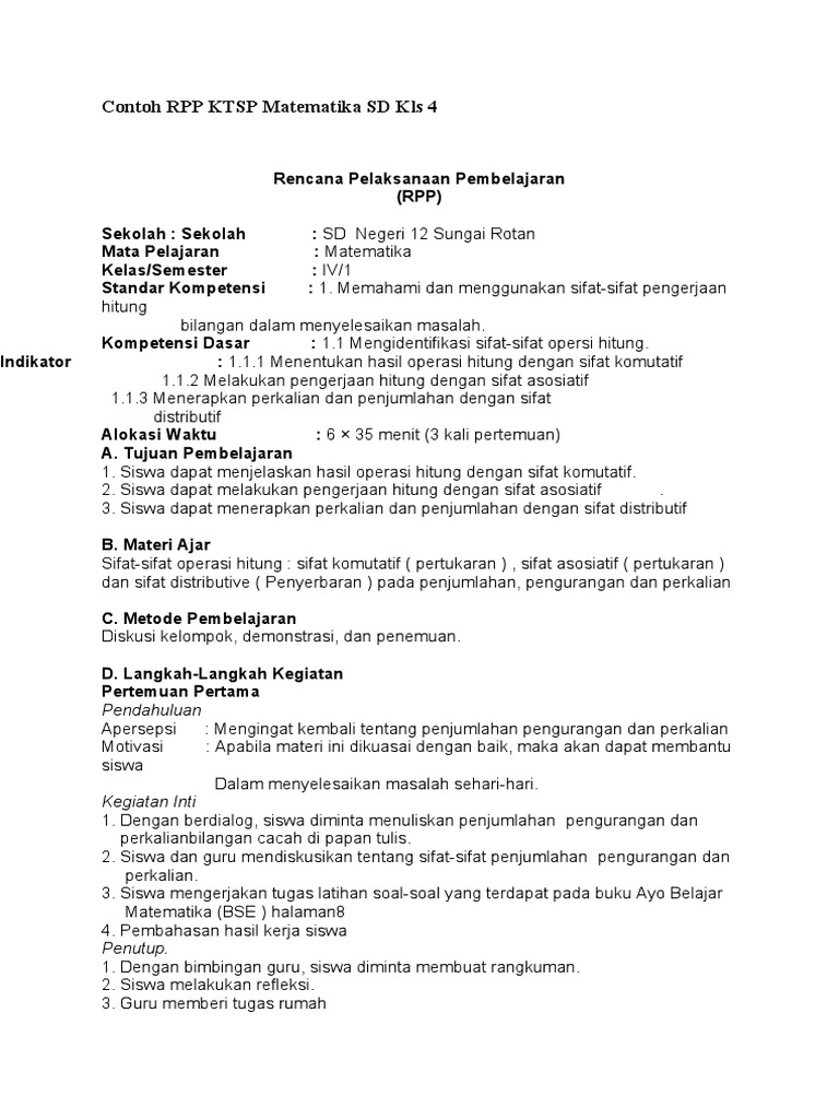 Contoh RPP KTSP Matematika SD Kls 4 | PDF