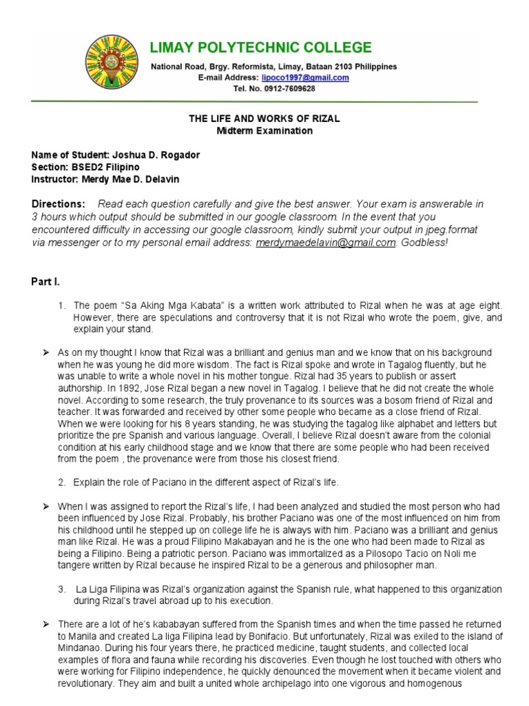 Midterm Exam Rizal Bsed Filipino | PDF