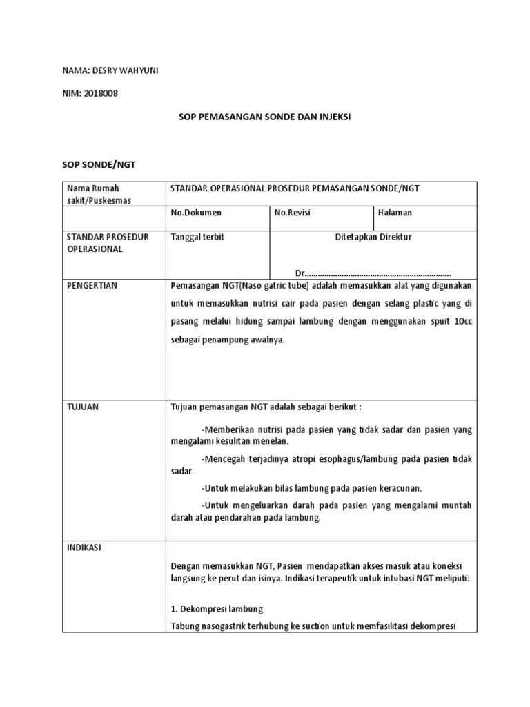 Sop Sonde Dan Injeksi | PDF