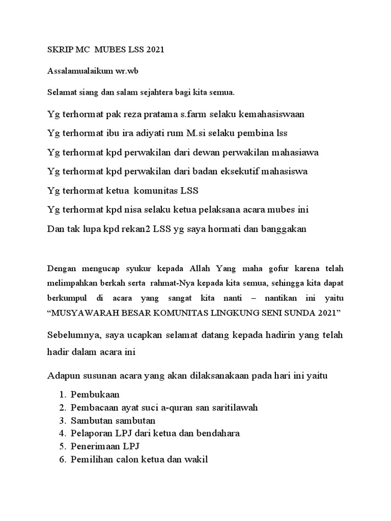 Skrip MC Mubes Lss 2021 | PDF | Agama & Spiritualitas