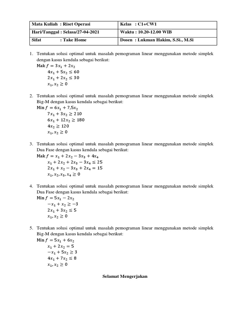 2020-2021 Soal Genap UTS Riset Operasi | PDF