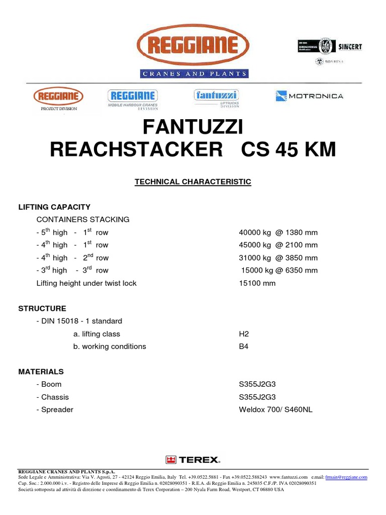 Fantuzzi Reachstacker Cs 45 KM: Technical Characteristic | PDF | Crane ...