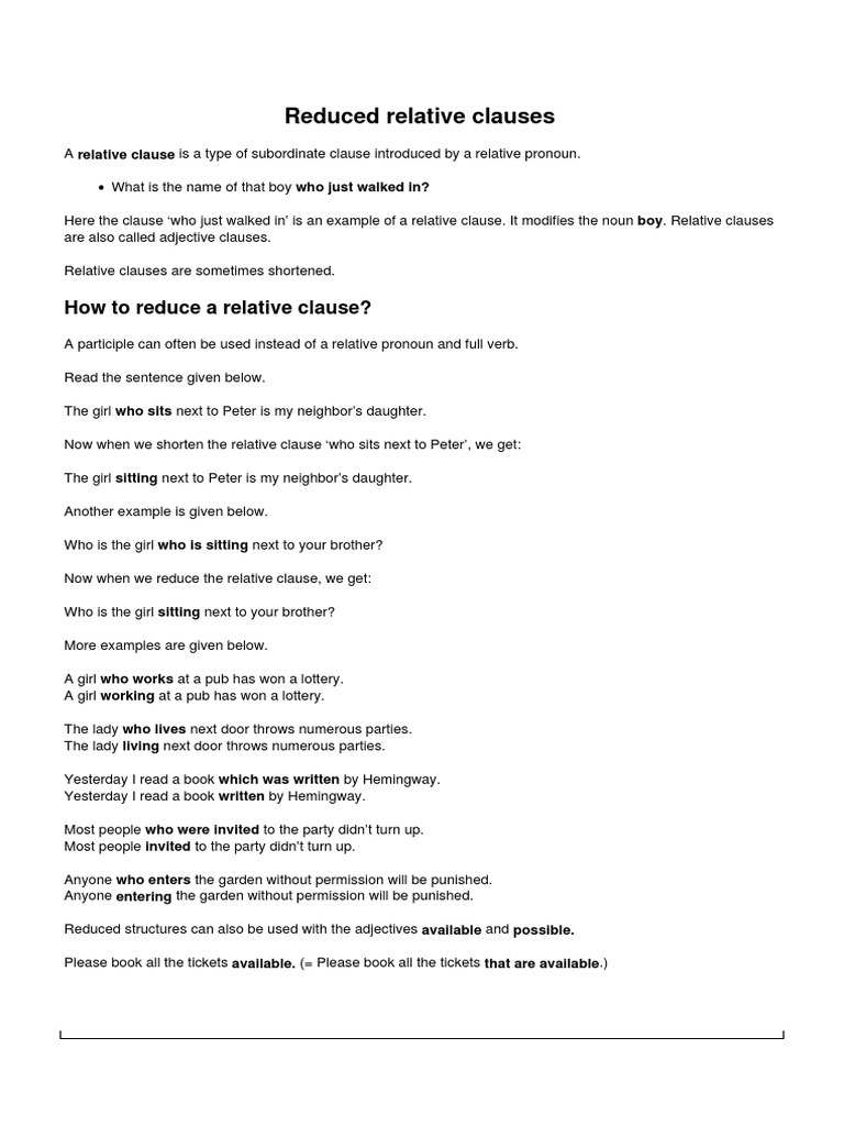 Reduced Relative Clauses | PDF