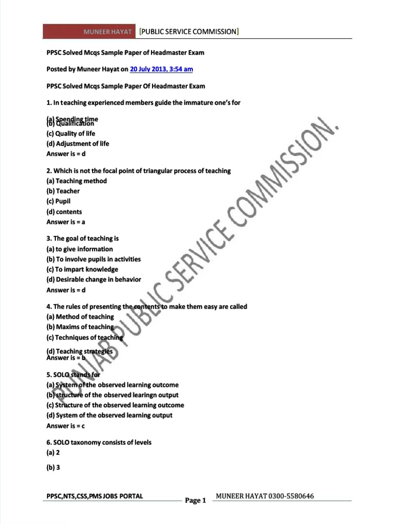 PPSC Solved Mcqs Sample Paper of Headmaster Exam: A Comprehensive Review of Key Concepts Related ...