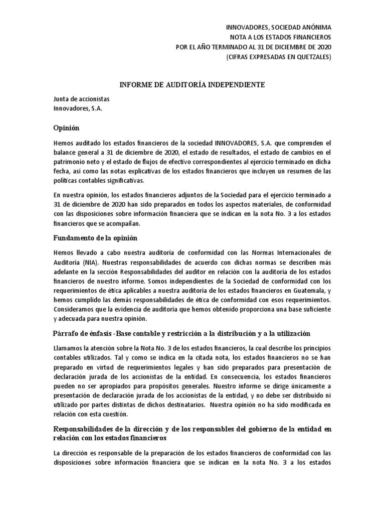 INFORME DE AUDITORÍA INDEPENDIENTE Nia 800 | PDF | Auditoría | Estado financiero