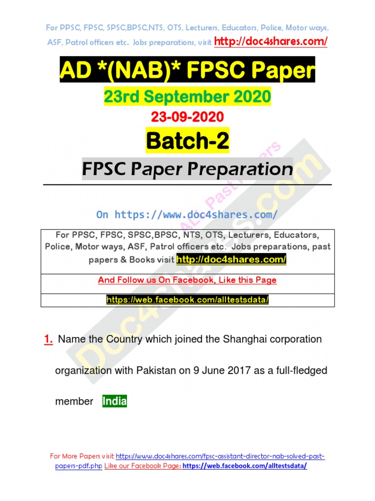 AD NAB FPSC Paper 23rd September 2020 Batch-2 | PDF | Inspector | Pakistan