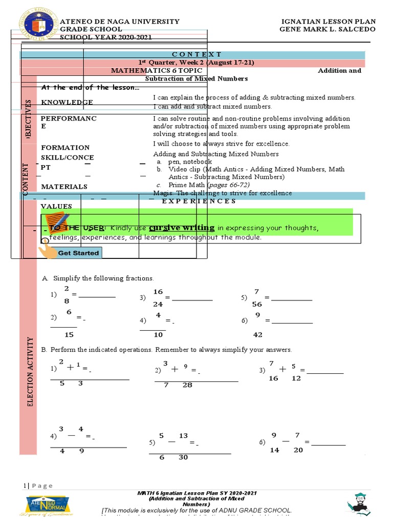 Math 6 Lesson Plan: Mixed Numbers | PDF | Subtraction | Algebra