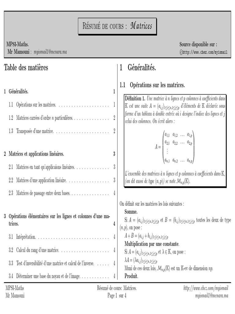 Résumé de cours sur les matrices | PDF | Base (algèbre linéaire ...