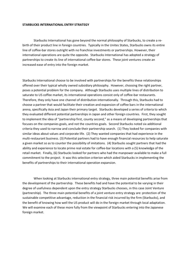 Starbucks International Entry Strategy | PDF | Starbucks | Retail