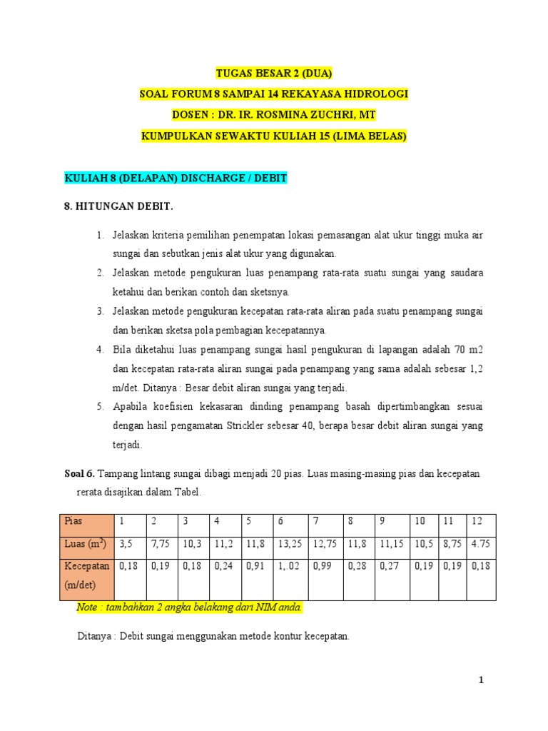 Siang Soal Tugas Besar 2 (Dua) Rekayasa Hidrologi Kumpulkan Sewaktu ...