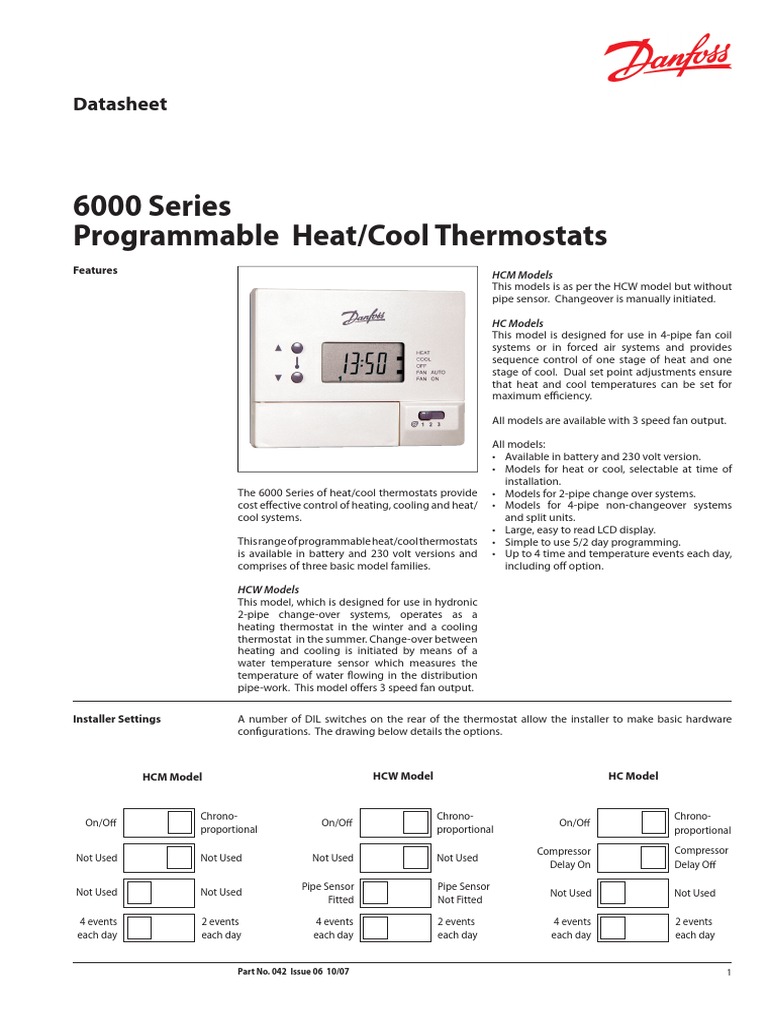 6000 Series Programmable Heat/Cool Thermostats: Datasheet | PDF | Thermostat | Electrical ...