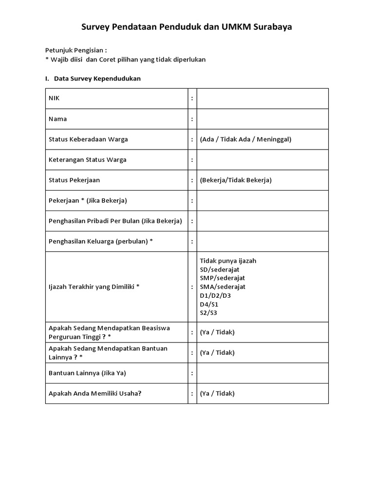 Form Survey Pendataan Penduduk Dan UMKM Surabaya | PDF