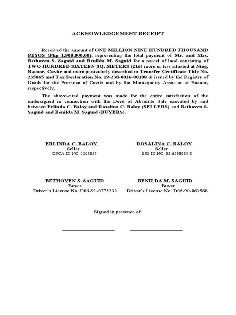 Acknowledgement Receipt: Osca Id No. 2269055 Sss Id No. 03-6290095-8 | PDF