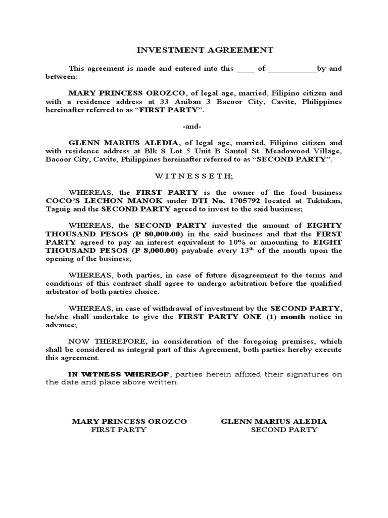 Investment Agreement: IN WITNESS WHEREOF, Parties Herein Affixed Their ...
