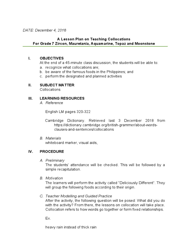Grade 7 Third Grading Lesson Plan Collocations | PDF
