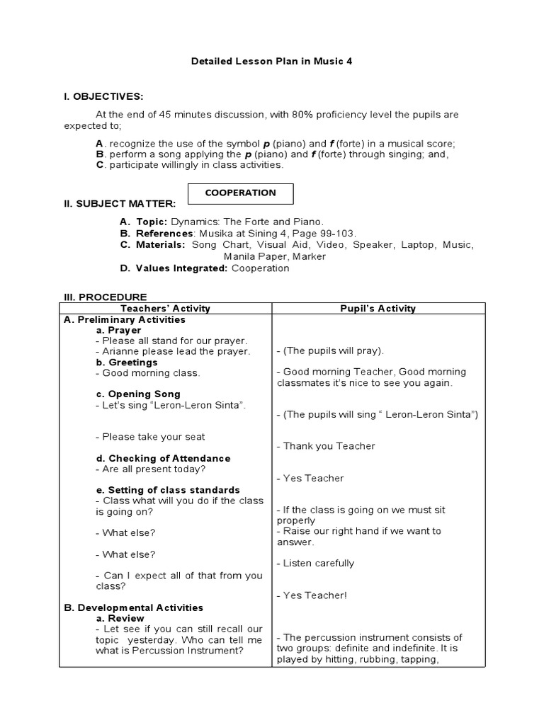 Detailed Lesson Plan in Music 4 DYNAMICS (TACULOD, JHONRAY C. 3 BEED B ...
