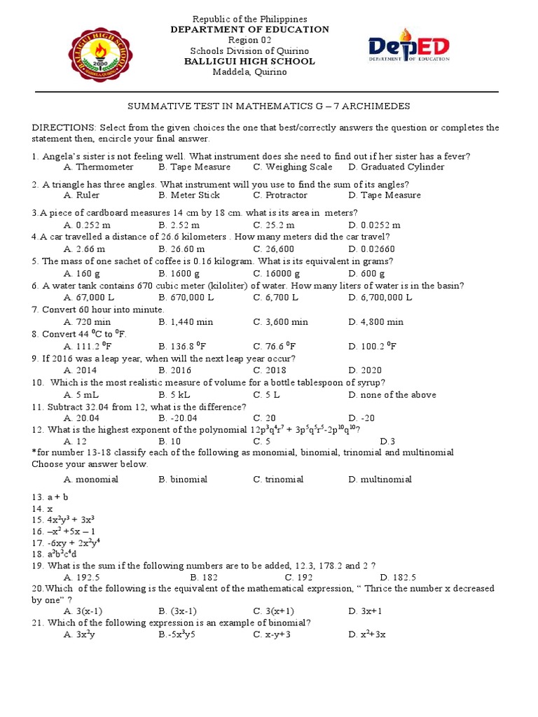 Summative Test 2017-2018 | PDF | Polynomial | Function (Mathematics)
