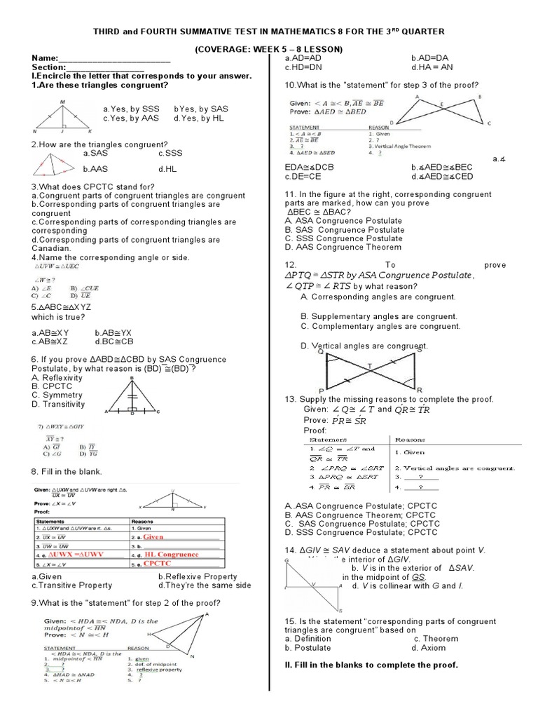 Math 8 Quarter 3 Summative Test | PDF | Triangle Geometry | Euclidean ...