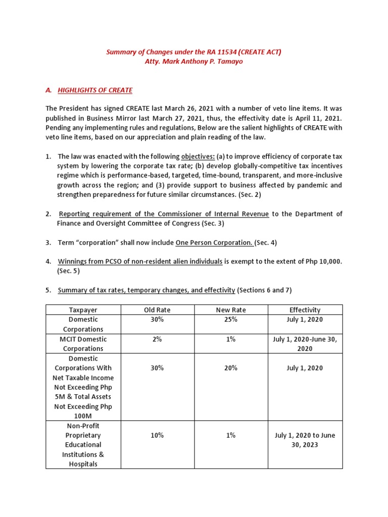 Summary of Changes Under The RA 11534 (CREATE ACT) Atty. Mark Anthony P ...