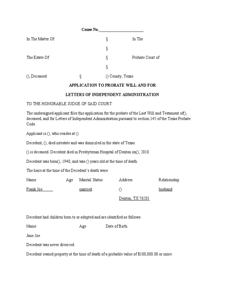 Application For Letters of Independent Administration and Probate Will ...