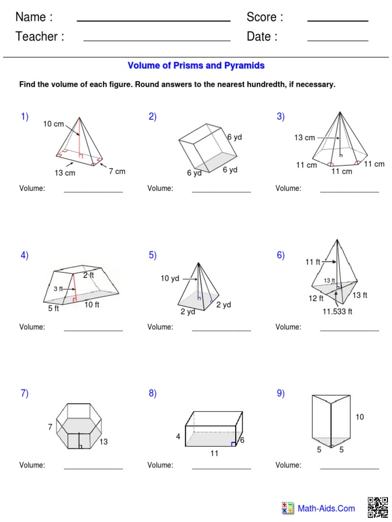 Volume of Prisms and Pyramids Worksheet | PDF | Volume | Euclidean Geometry