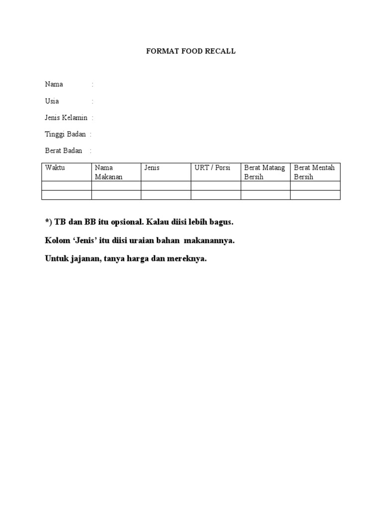 Format Tabel Food Recall 24 Jam | PDF | Kesehatan Holistik