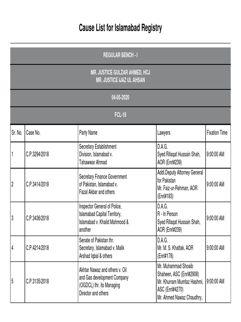Cause List For Islamabad Registry | PDF | Islamabad | World Politics